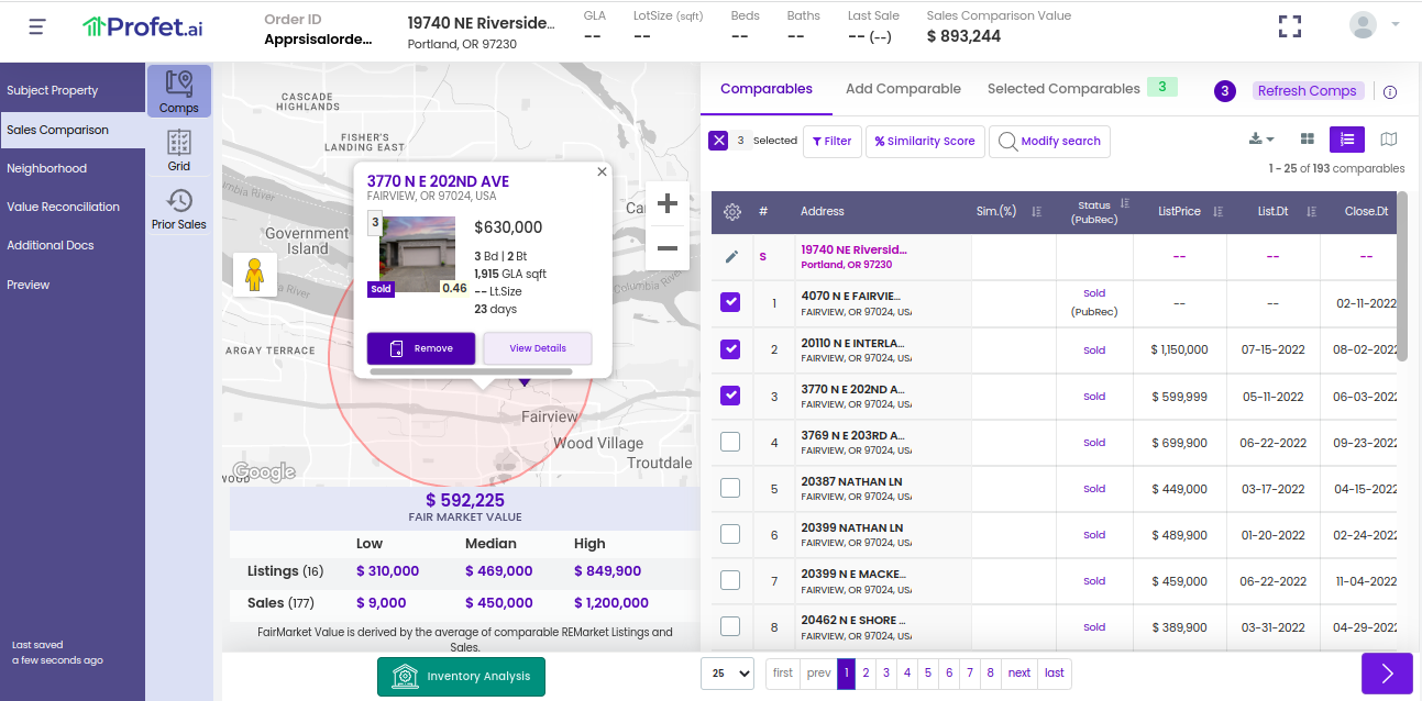 What options are available to view the comps in Profet.ai? - Profet.ai